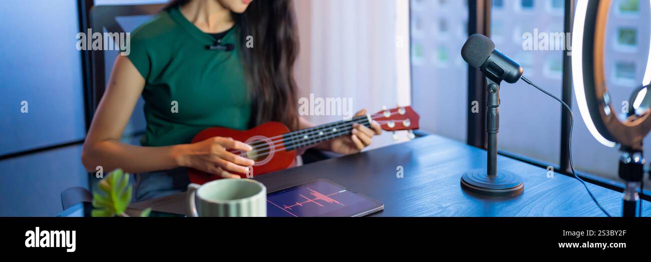 Content creator Young asian woman influencer creating content in home ...