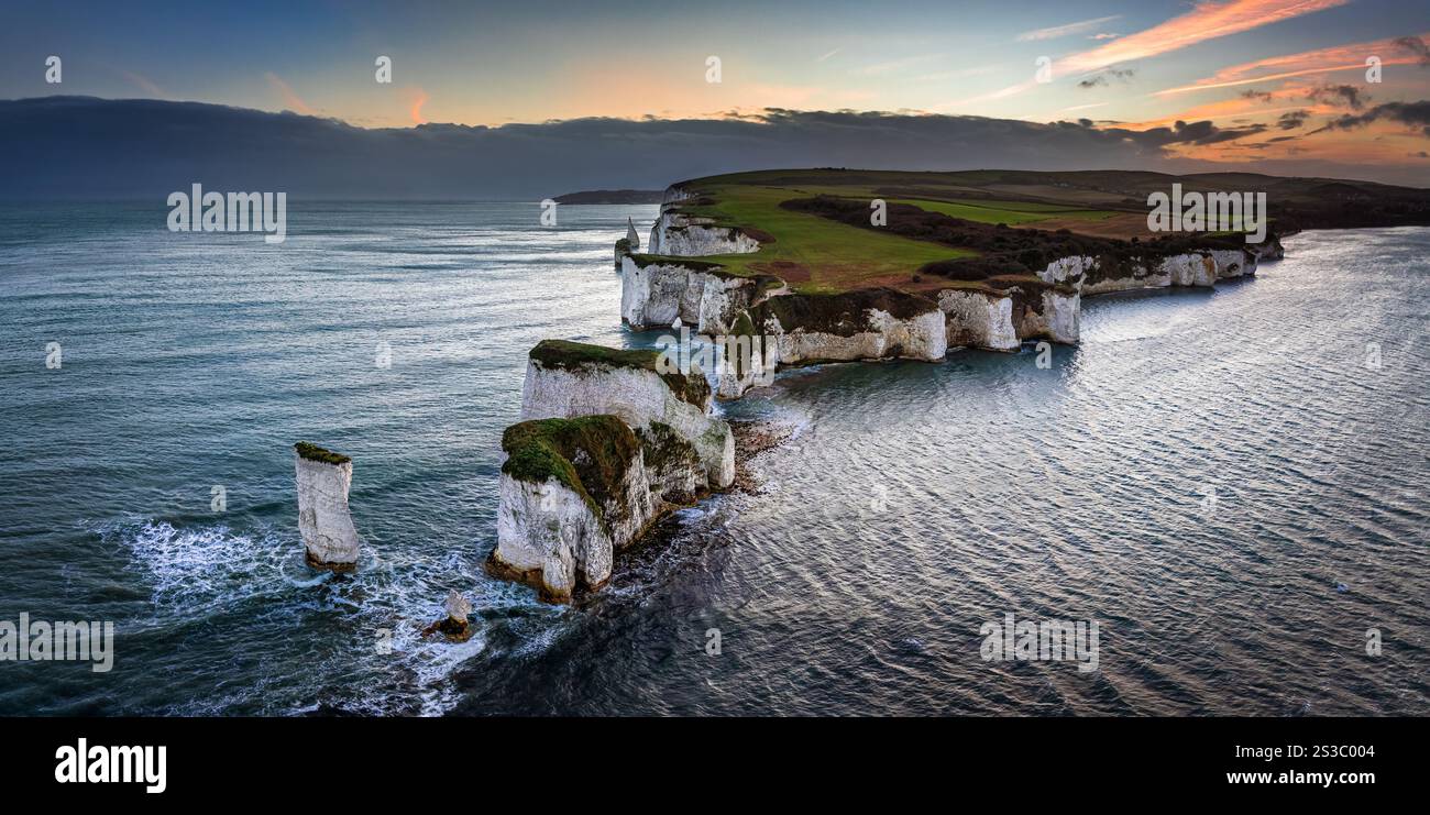 Studland, Dorset, UK - Aerial panoramic view of Old Harry Rocks white ...
