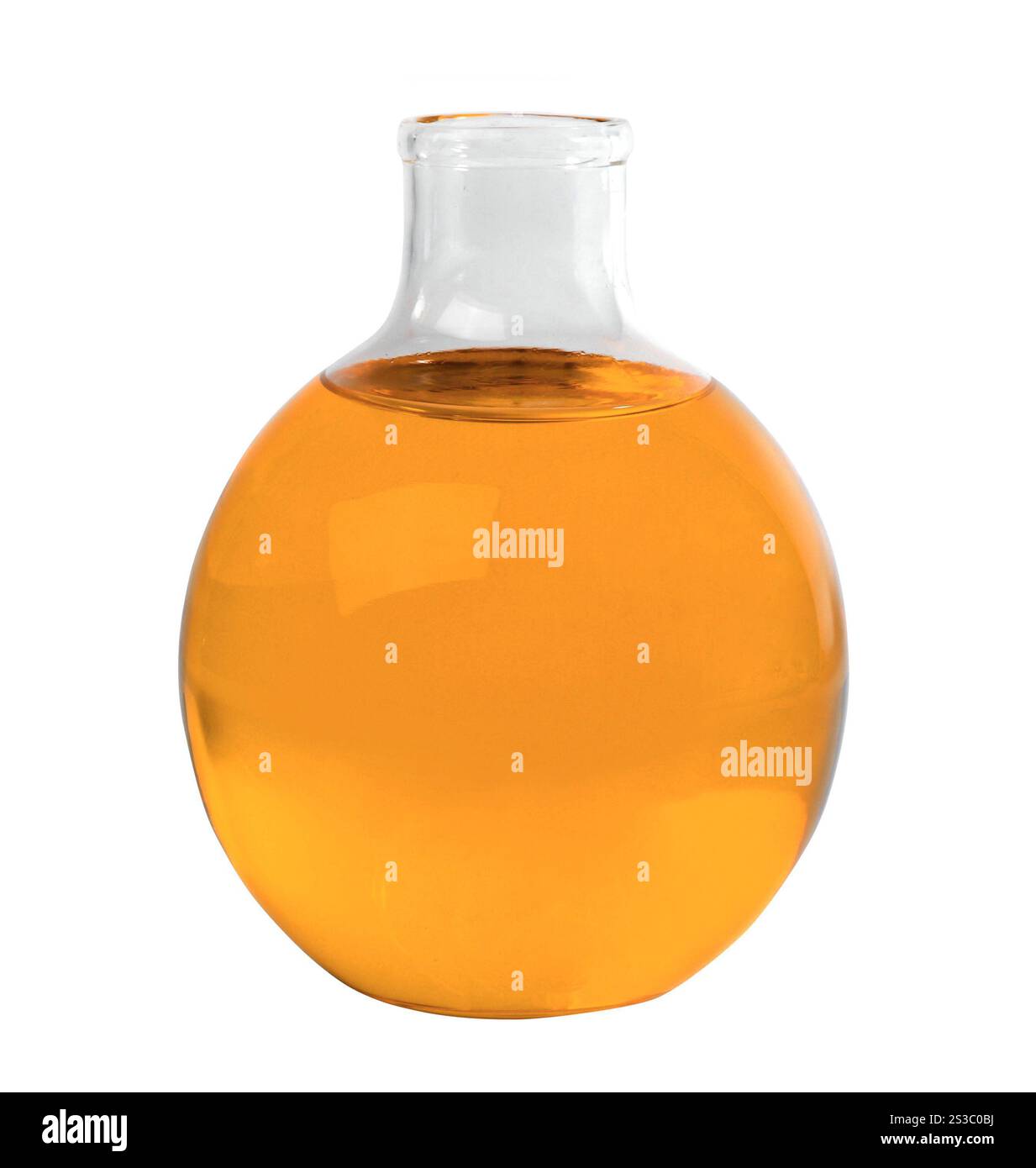 Chemical laboratory flask with green liquid isolated on white ...