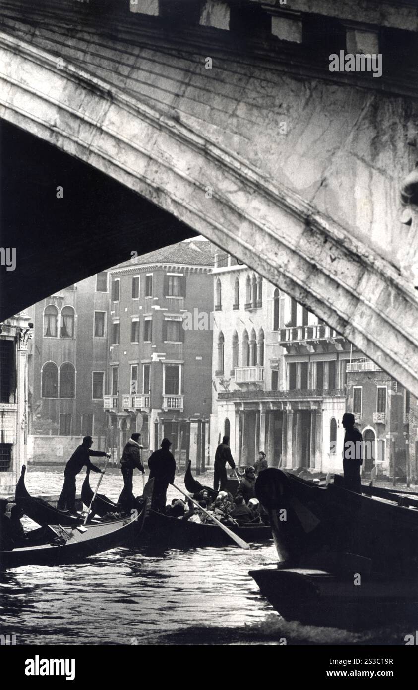 Venice - gondolas under the Rialto Bridge vintage BW film photograph ...