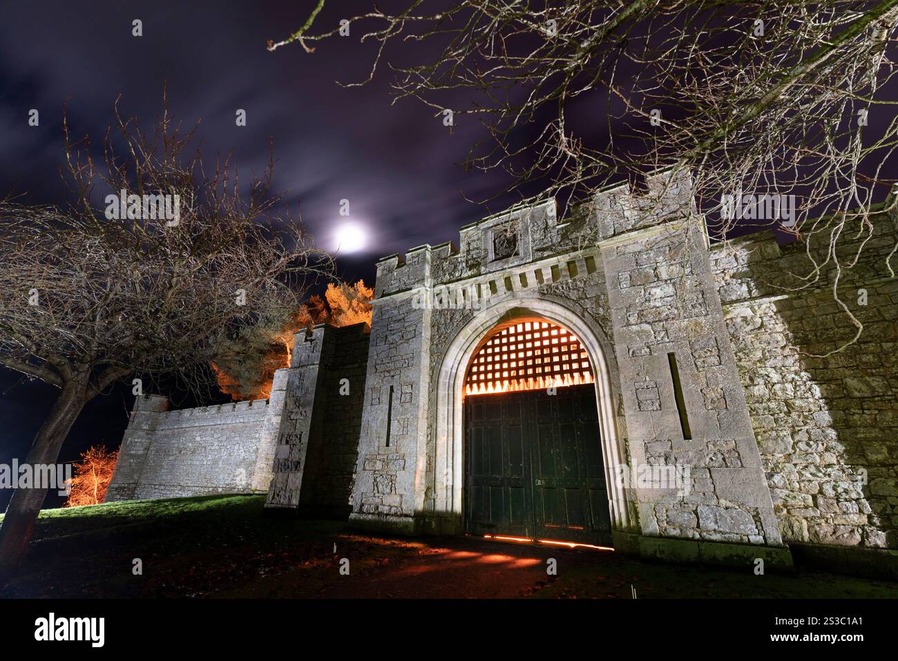 Jedburgh Castle Jail gate by moonlight, Scottish Borders, UK Stock ...