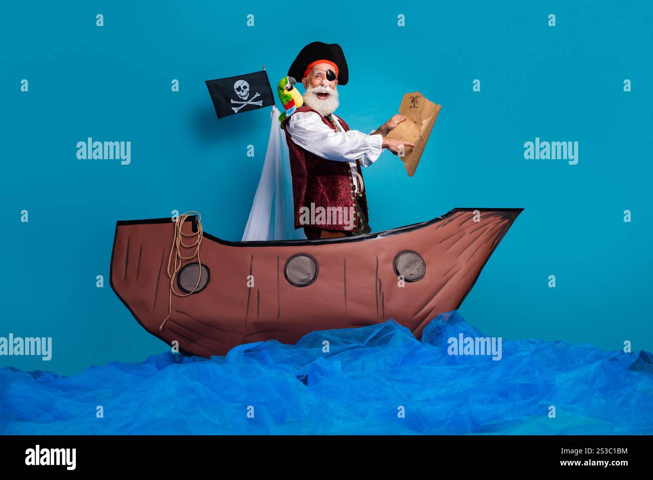 Photo of funny pirate wearing traditional costume swimming in the sea ...