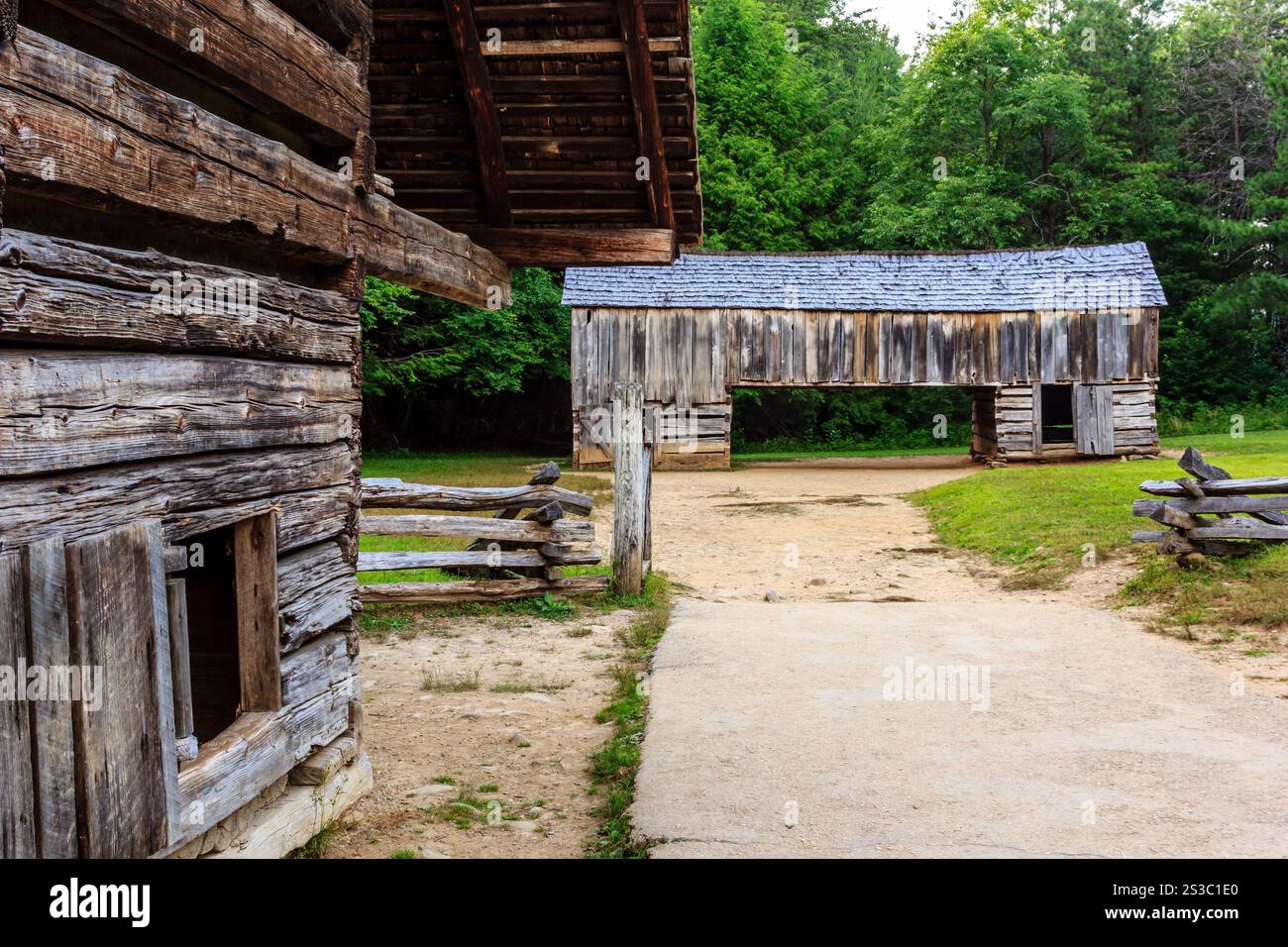 A row of old log cabins sit in a field. The cabins are old and ...