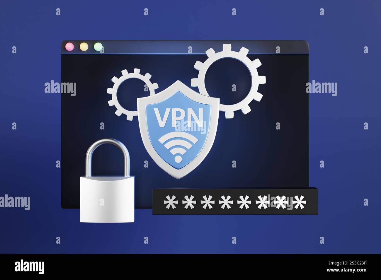 Silver shield marked with symbol of Wifi and the word VPN, padlock ...