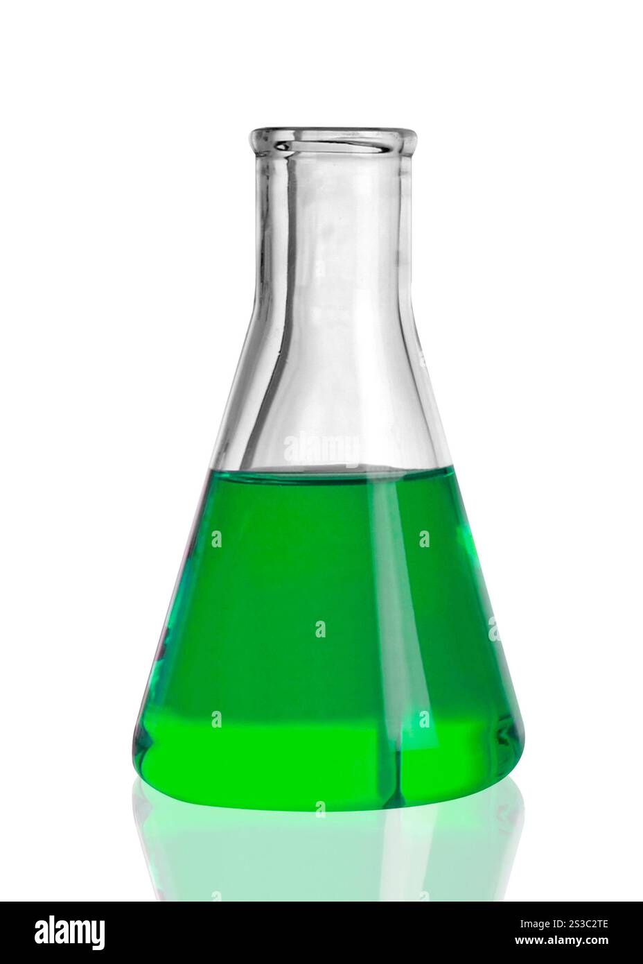 Chemical laboratory flask with green liquid isolated on white ...