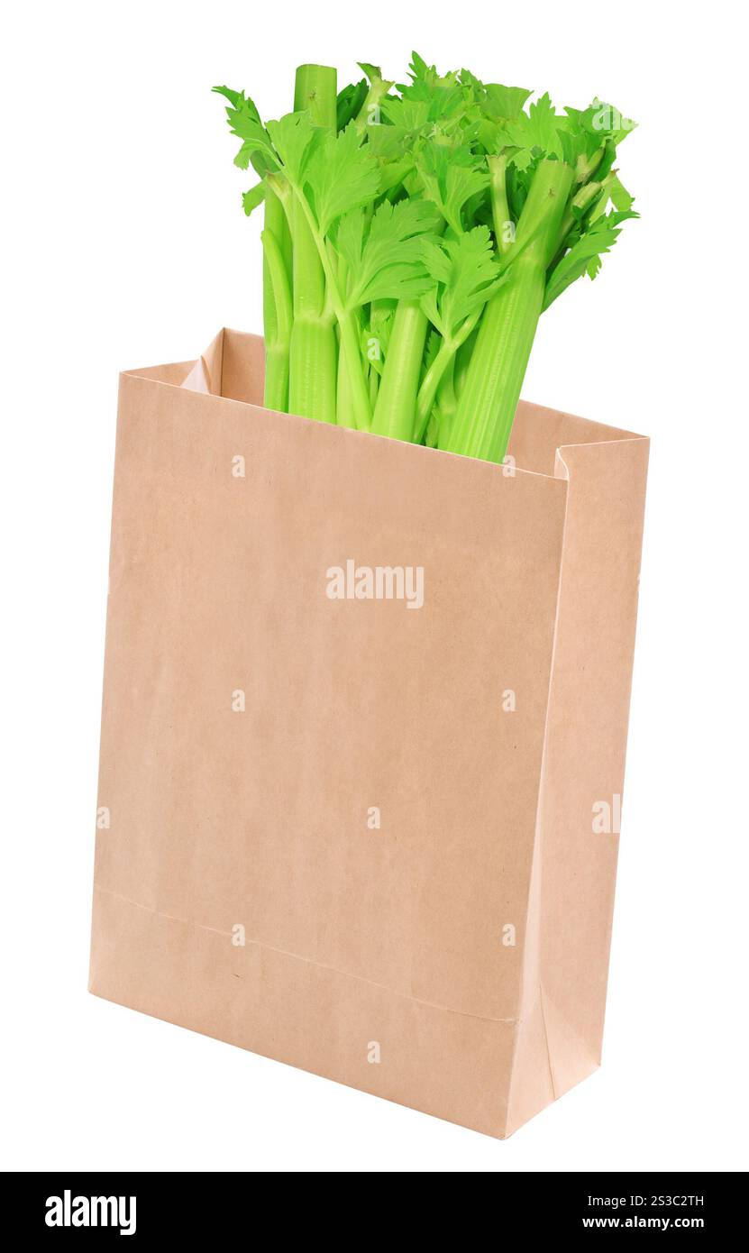 Whole celery in a bag isolated on white background. Whole celery in a ...
