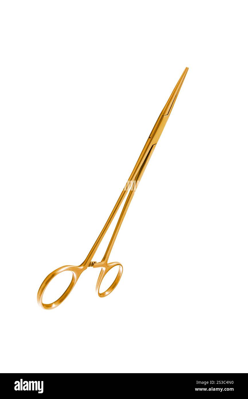 golden surgical medical clamp golden over white background Stock Photo ...