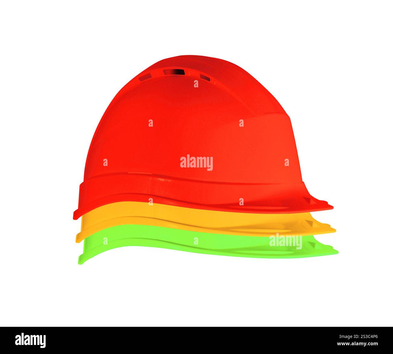 Yellow, red, and green safety helmets on white background. Yellow, red ...
