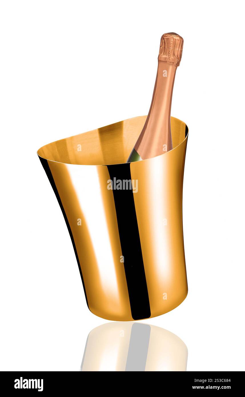 Champagne bottle in a golden bucket isolated on white background ...