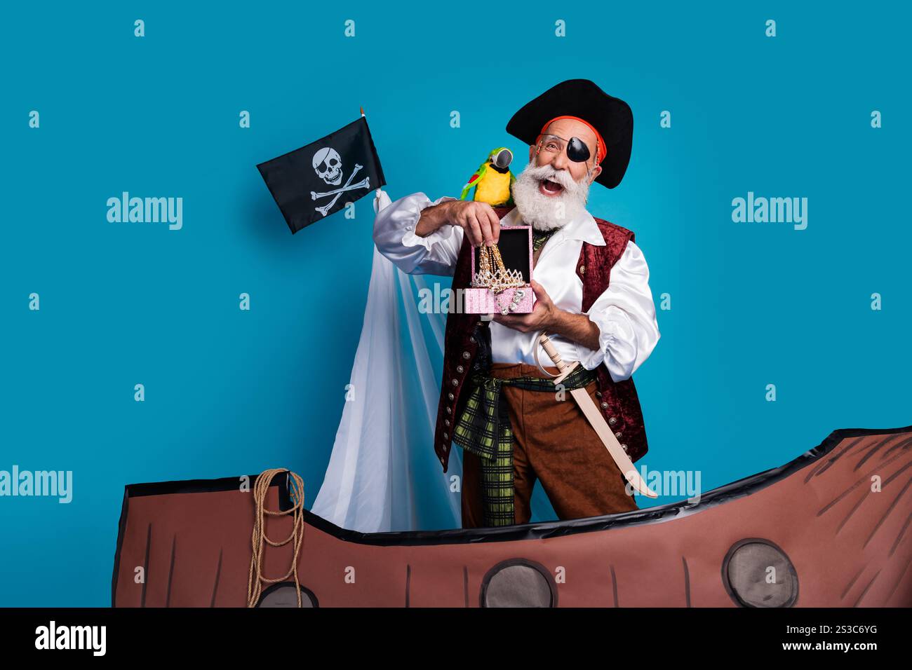 Photo of man robber wearing pirate costume looting boat precious stones ...