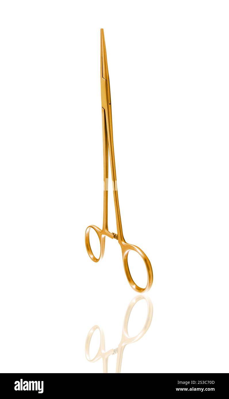 golden surgical medical clamp golden over white background. golden ...