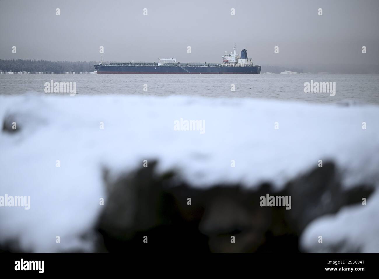Porvoo, Finland. 09th Jan, 2025. Oil tanker Eagle S anchored near the ...