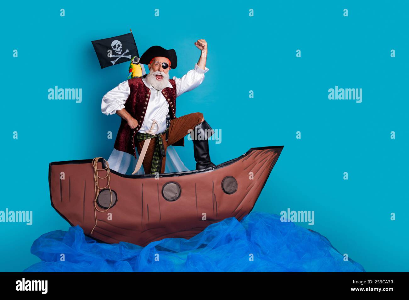 Photo of funny crazy excited robber wearing pirate costume swimming ...