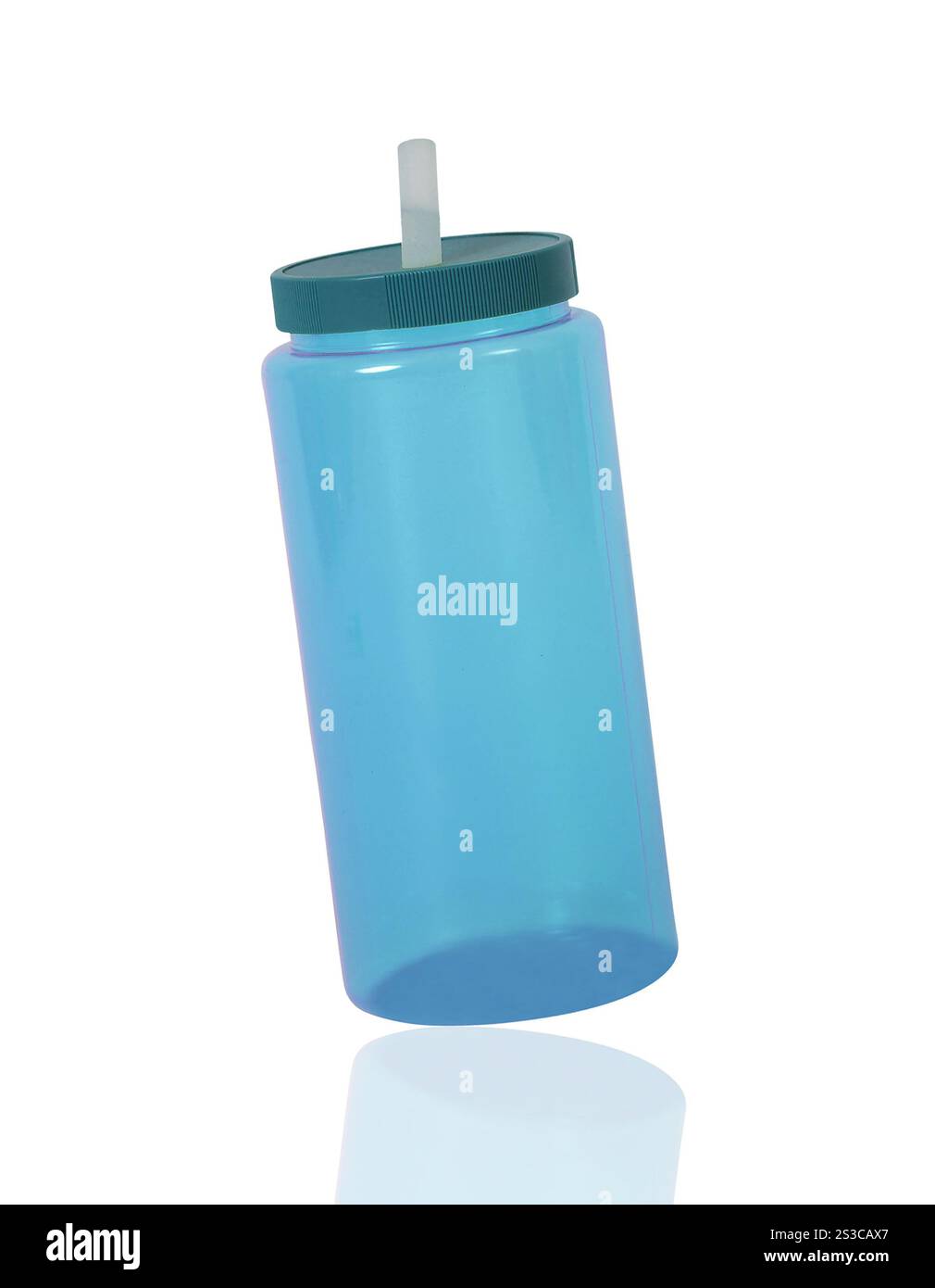 used blue plastic flask on white background Stock Photo - Alamy