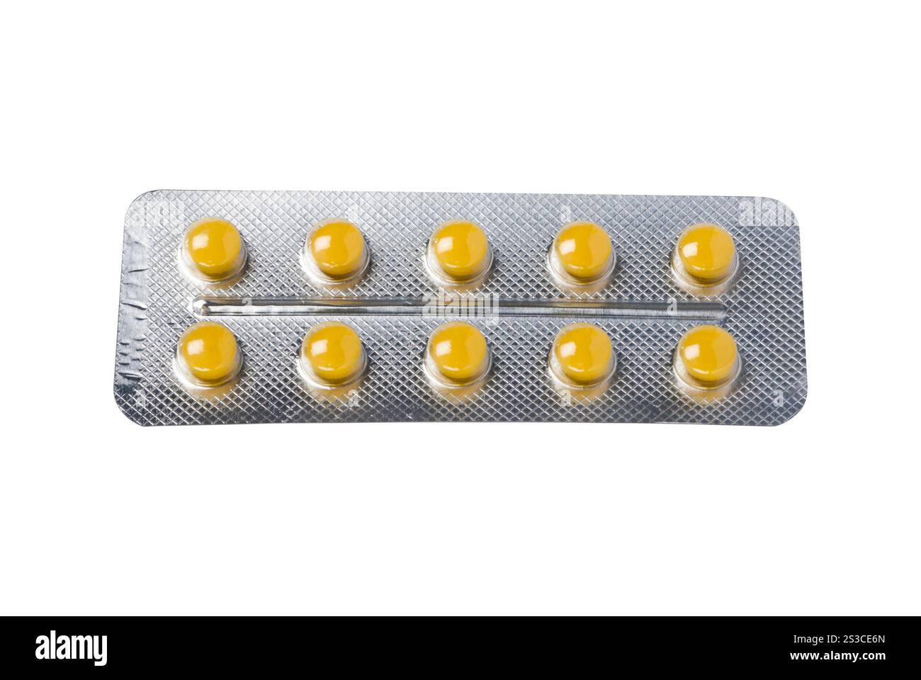 Yellow tablets blister isolated on white Stock Photo - Alamy