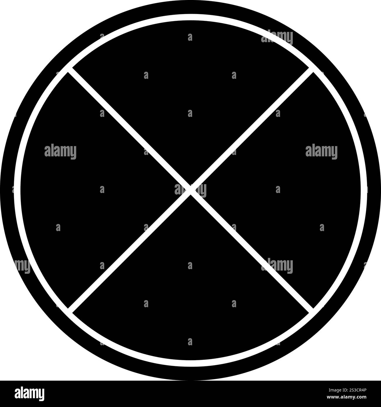 Black circle divided into 4 sectors isolated on white background. Round shape cut in four equal ...