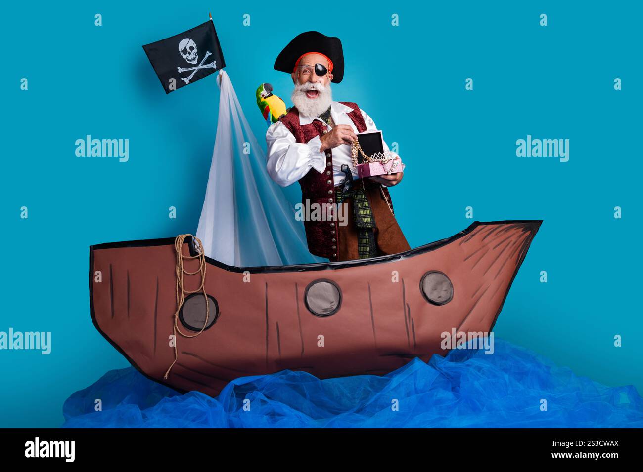 Photo of dangerous man robber wearing pirate costume looting boat ...
