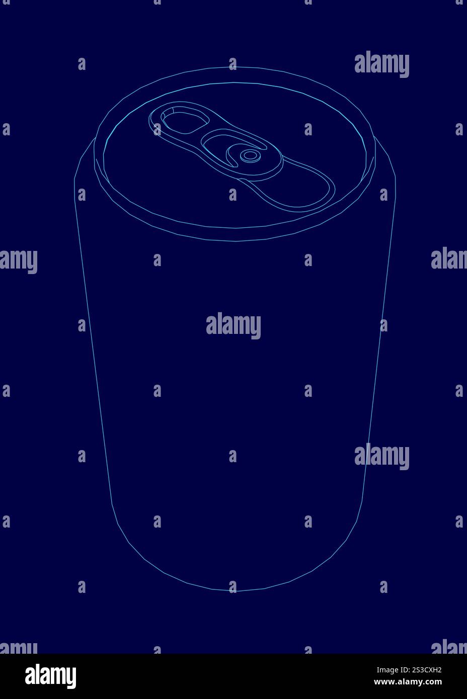 Can of soda is shown in a blue background. The can is empty and has a ...