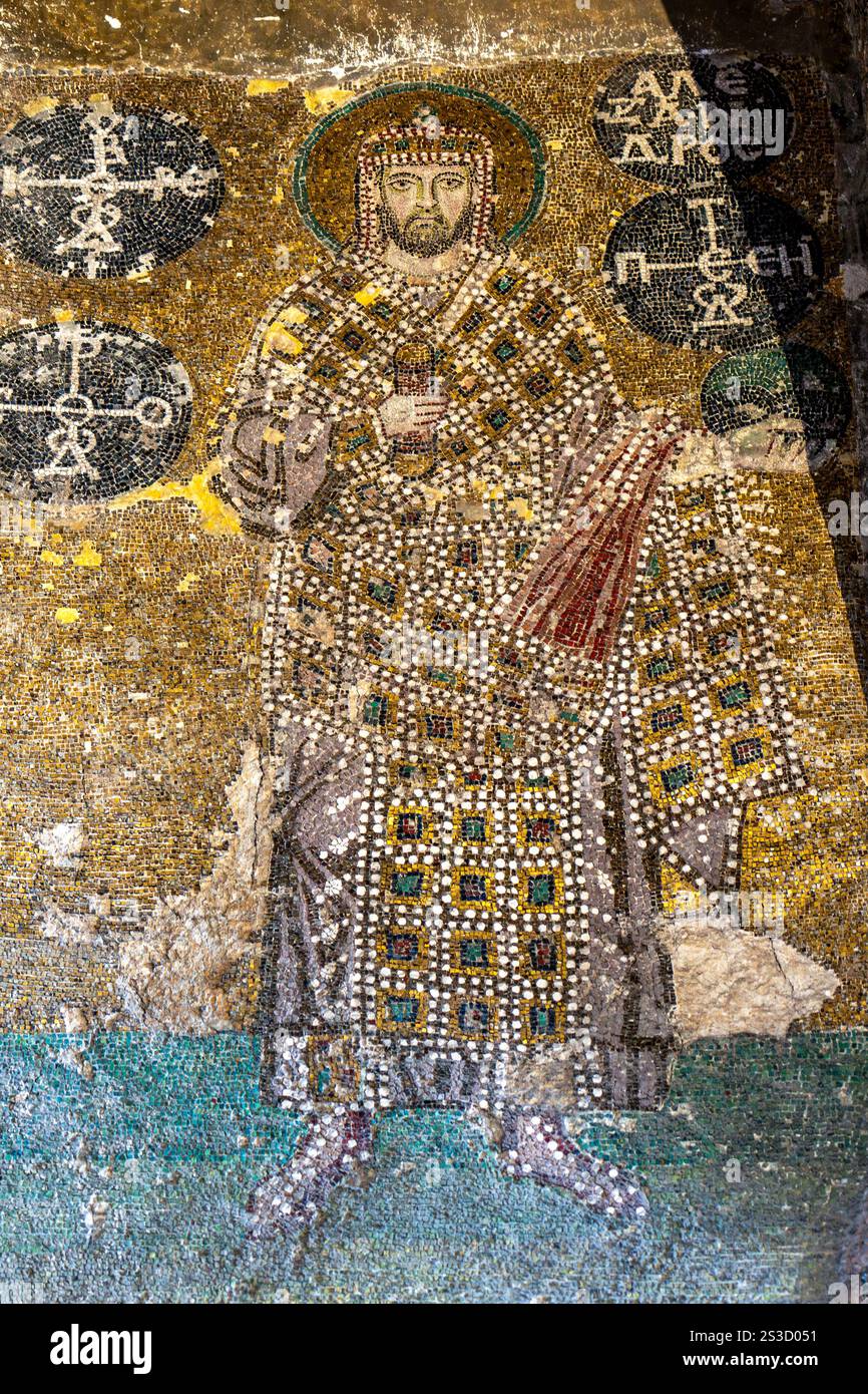 Turkiye. Istanbul. Sultanahmet district. Hagia Sophia. A Byzantine mosaic depicting the Emperor ...