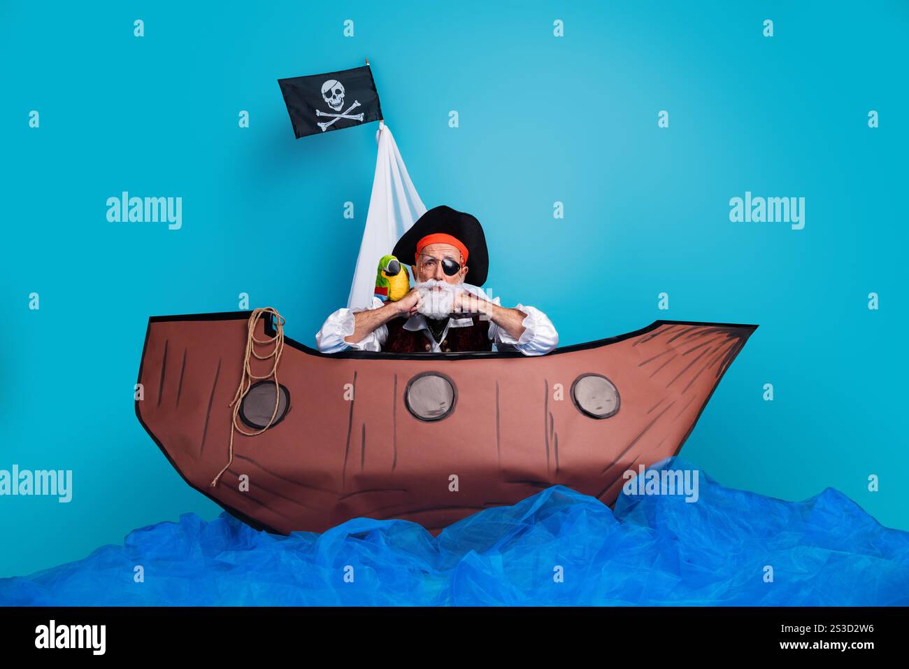 Photo of bad mood sad senior man sea robber wearing pirate costume ...