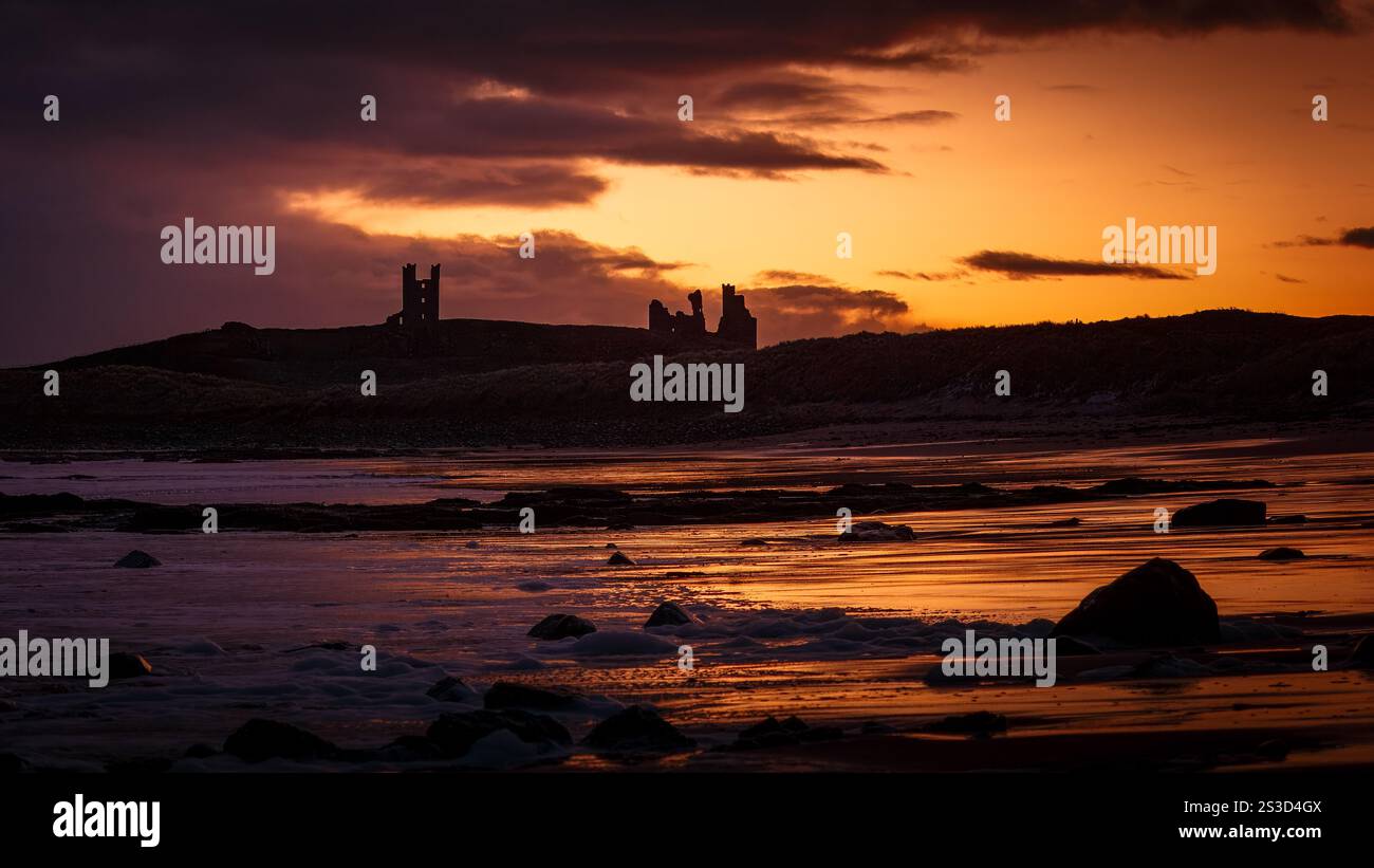 Dramatic Sunrise over Castle Ruins, Dunstanburgh Castle Northumberland ...