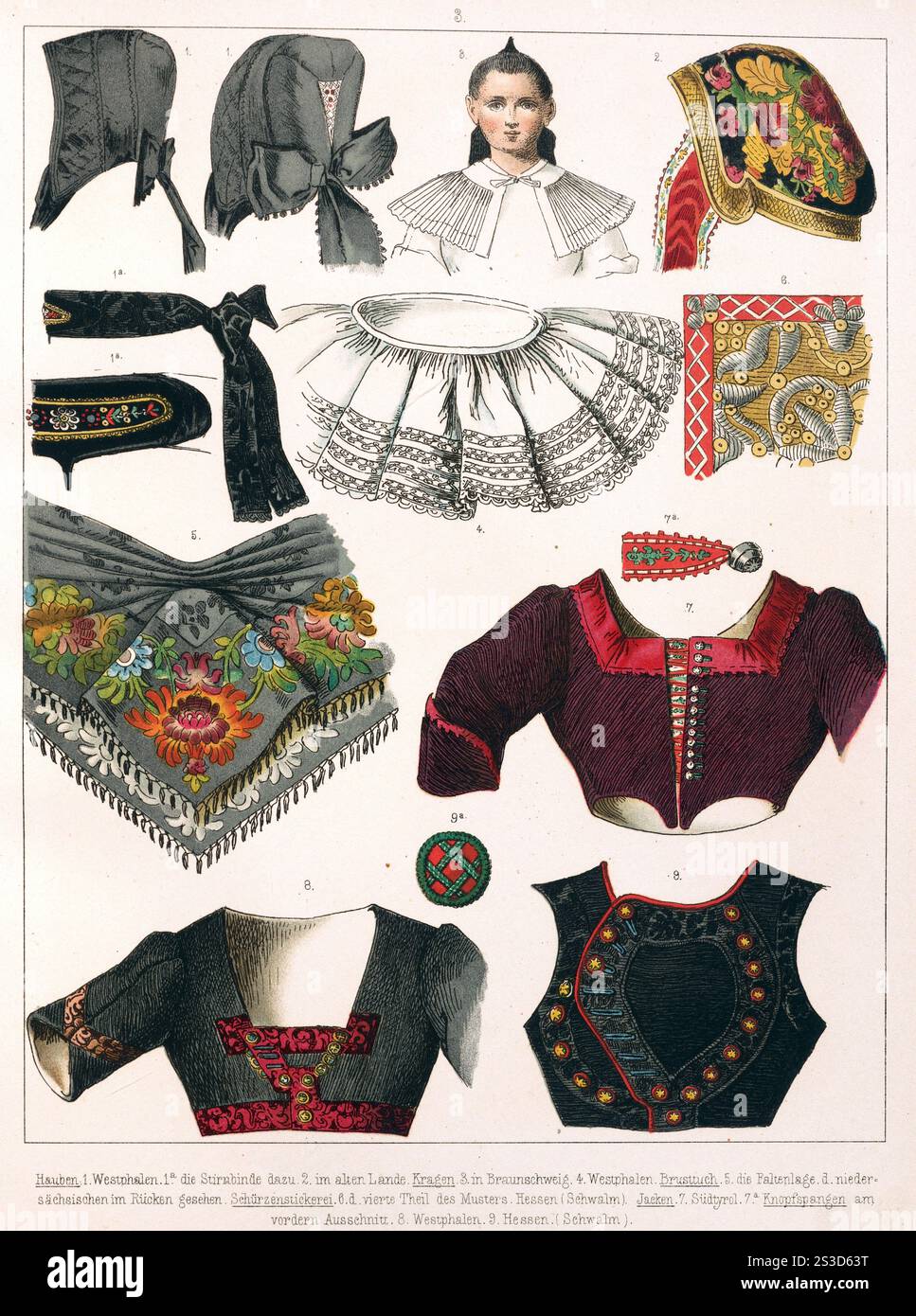 Traditional costumes in Germany around 1820, various clothing details ...