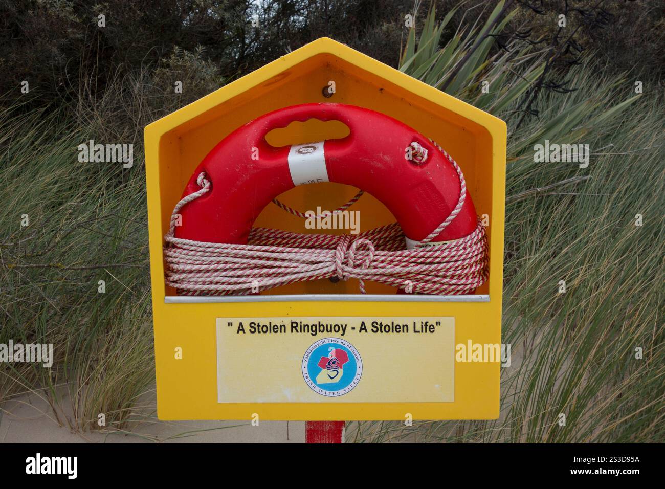 life belt with warning sign on risks and hazards in seafaring and ...