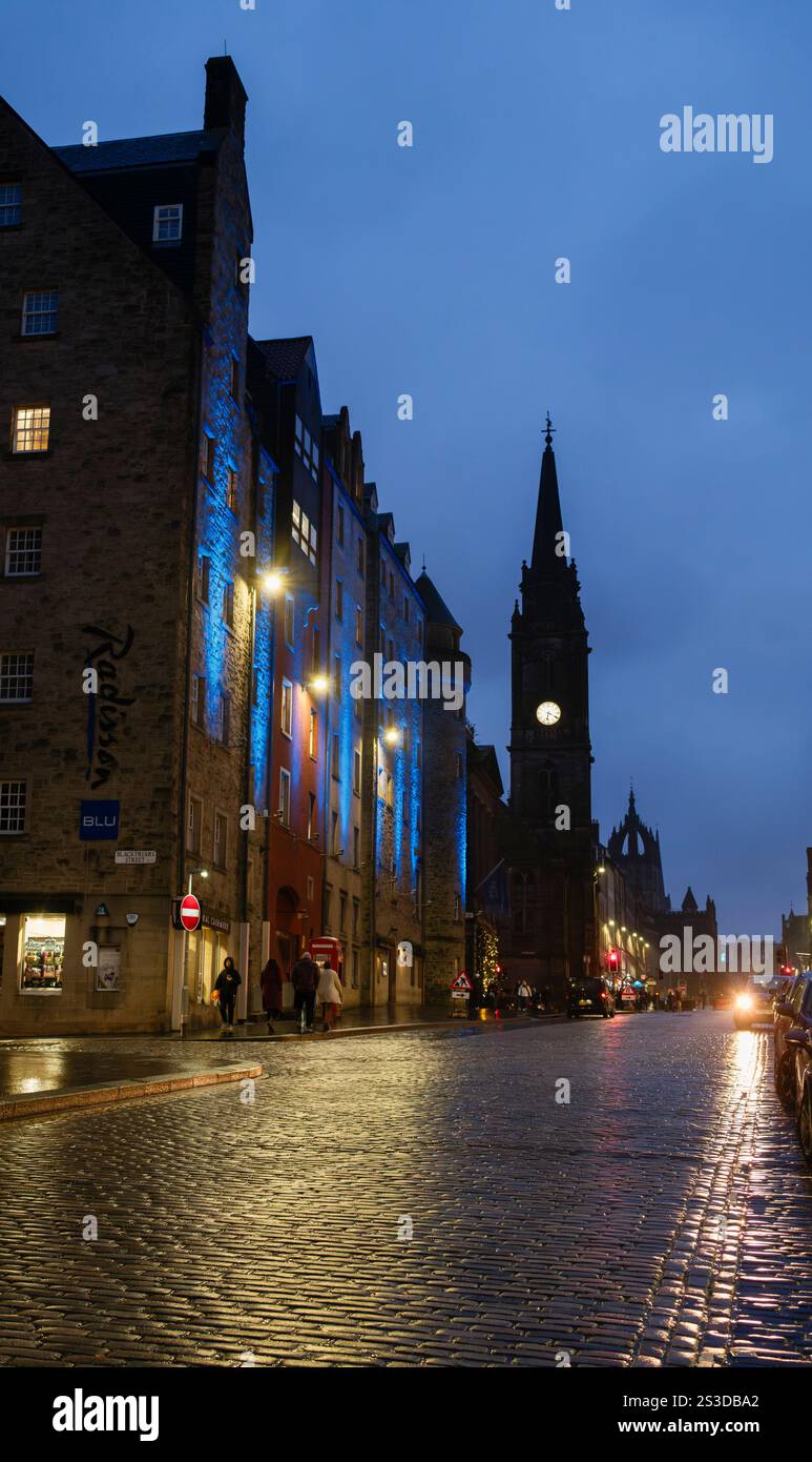 Edinburgh old town at nightfall. A wet day in early March. The Can ...