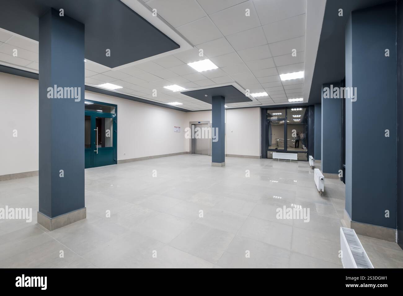 panorama view in empty modern hall with columns, doors and panoramic ...