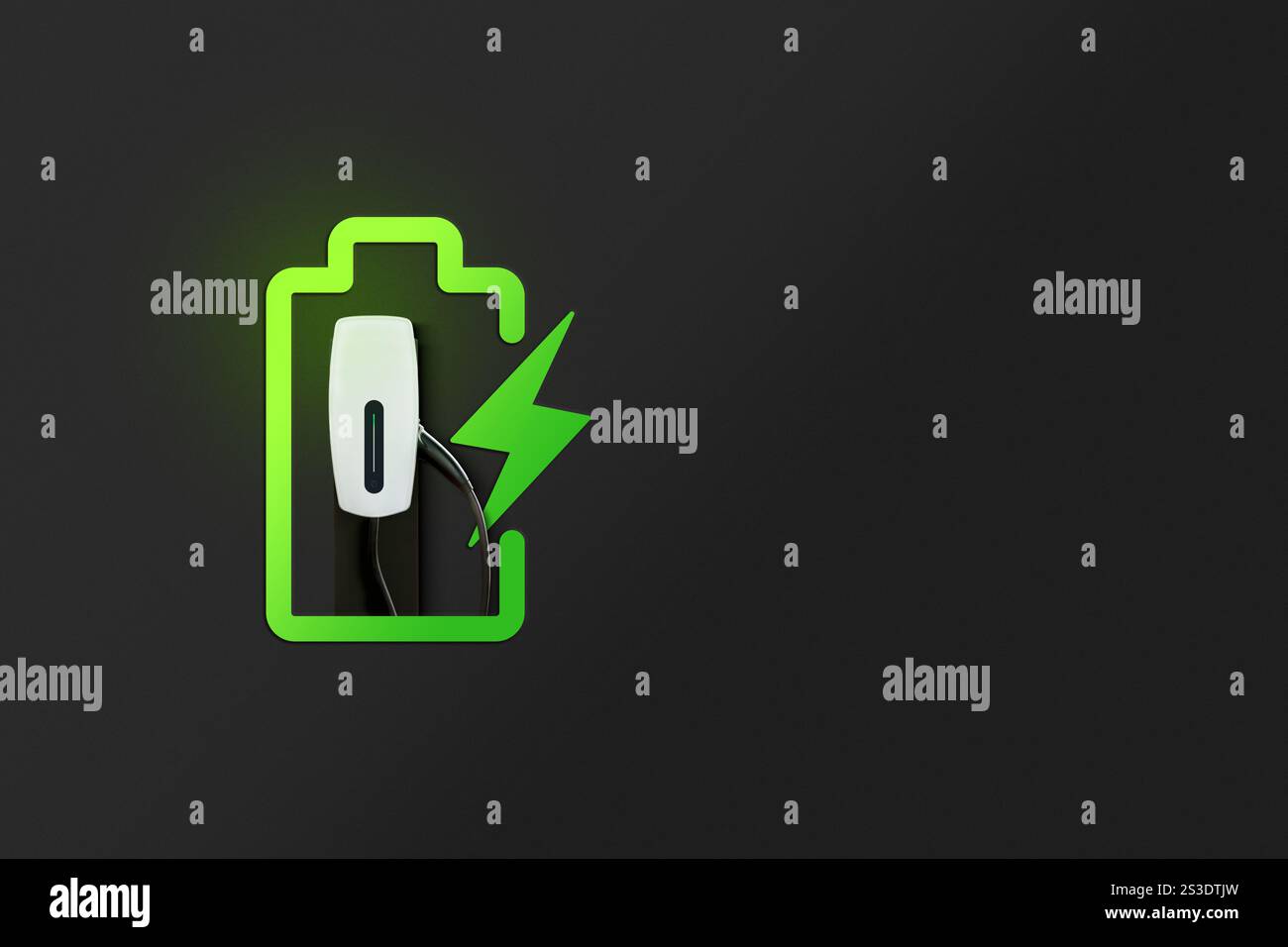Modern EV charging station integrated into a glowing green battery icon ...