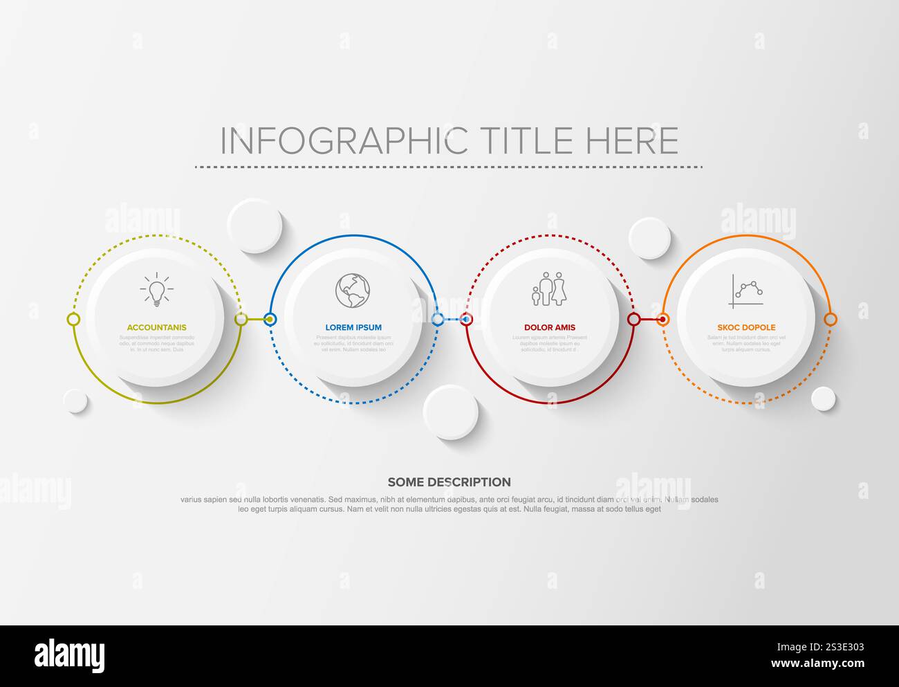 A clean infographic with four connected circles featuring icons and ...