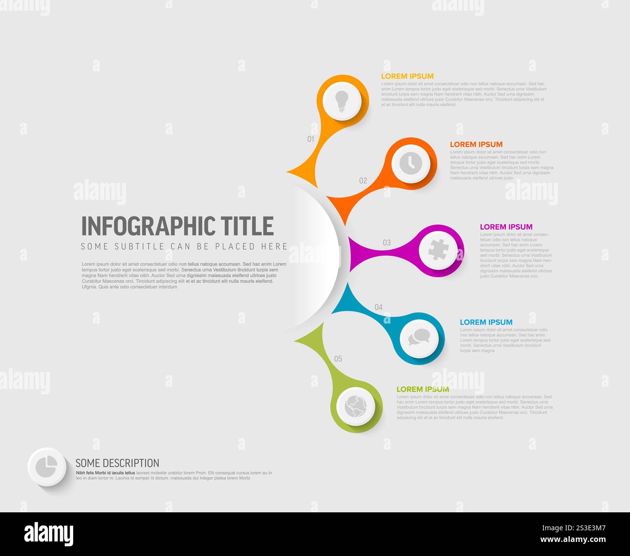 Colorful infographic template with five connected elements. The ...