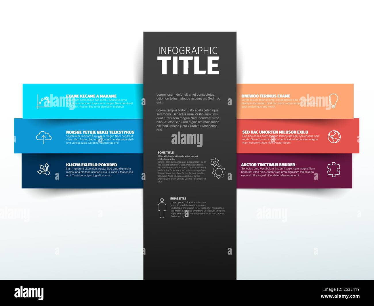 Infographic with a central black column text, surrounded by colorful ...