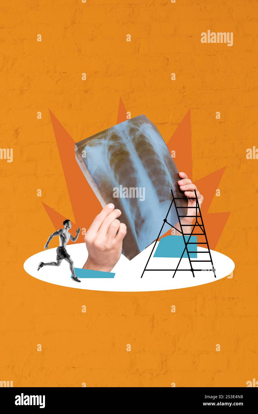 Poster image vertical photo collage of serious sportsman run hands hold ...