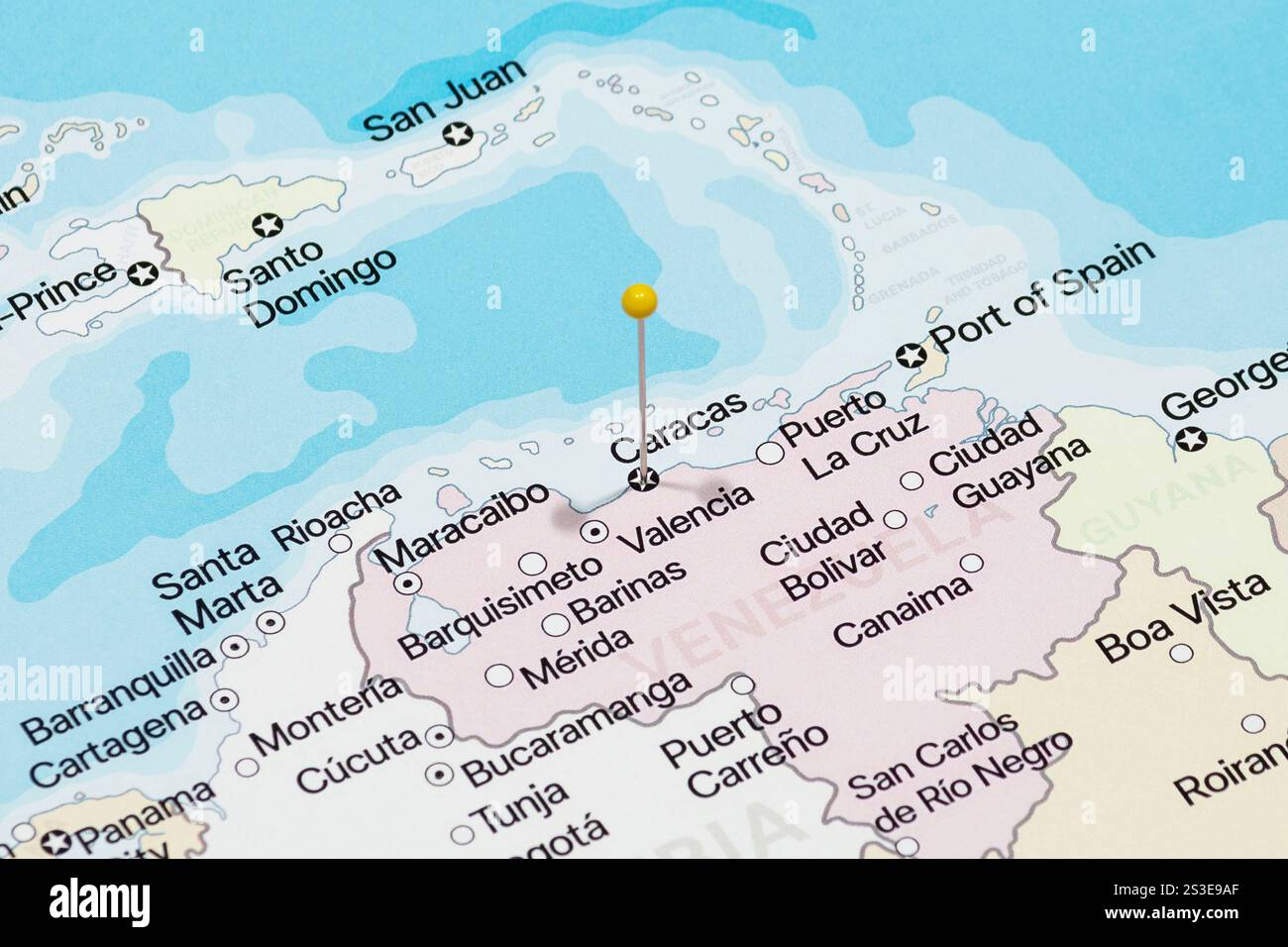 Macro photo of a yellow pin needle into Caracas city of Venezuela ...