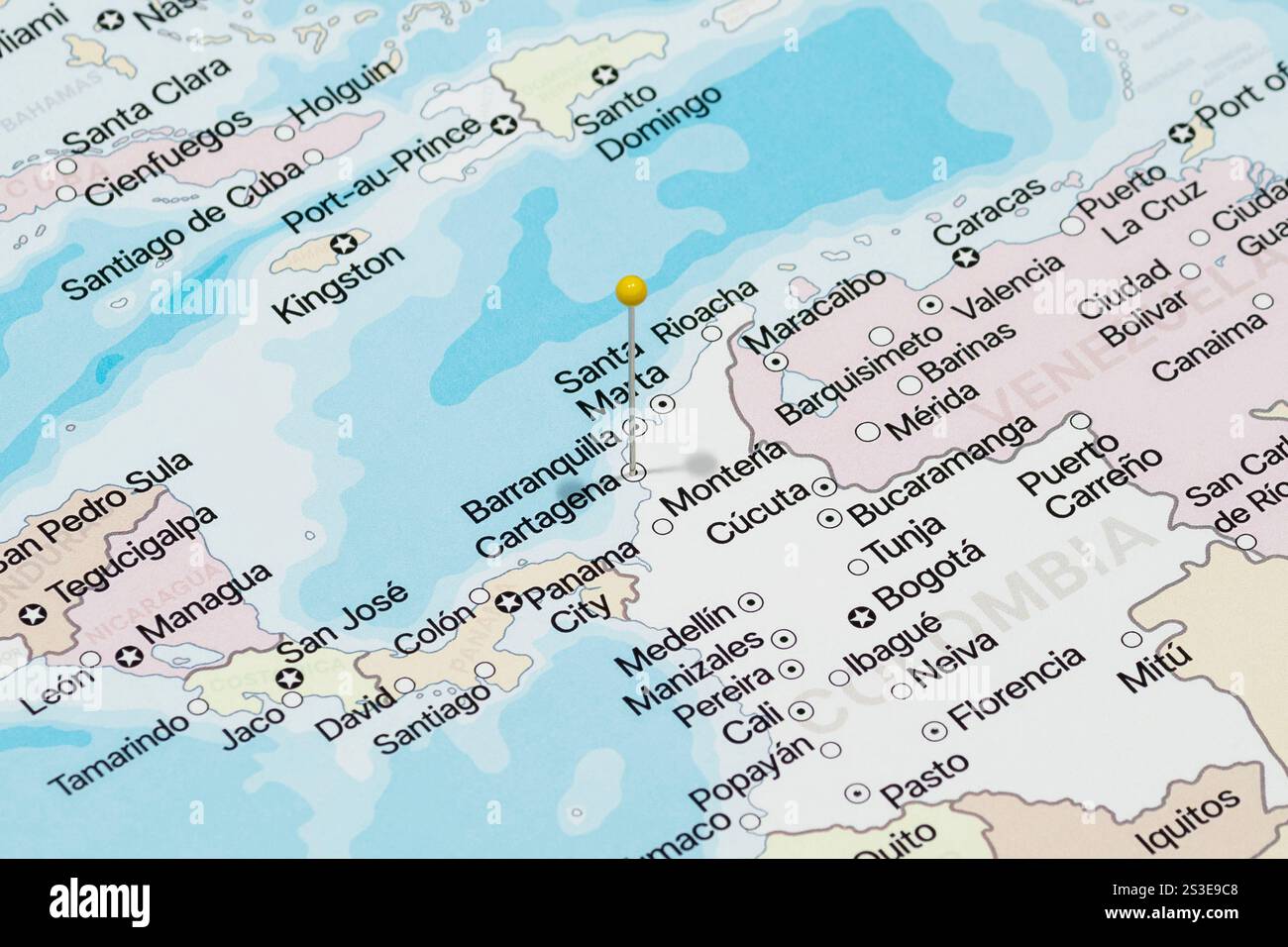 Macro photo of a yellow pin needle into Cartagena city of Colombia ...