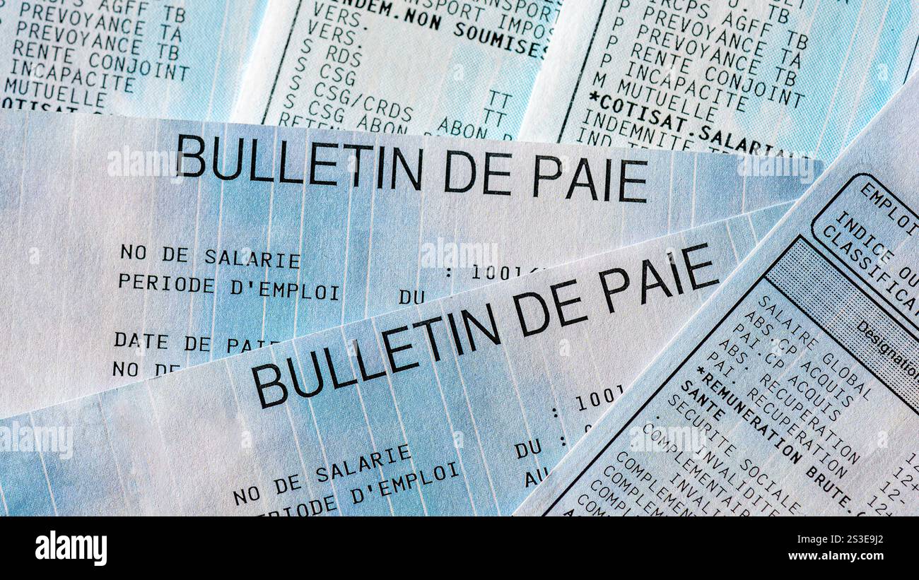 Several French payrolls, with some of the many lines of social security ...