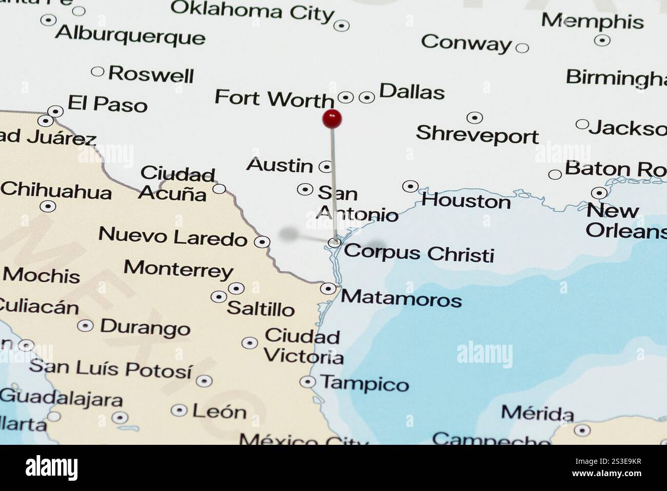 Macro photo of a red pin needle into Corpus Christi city of United ...