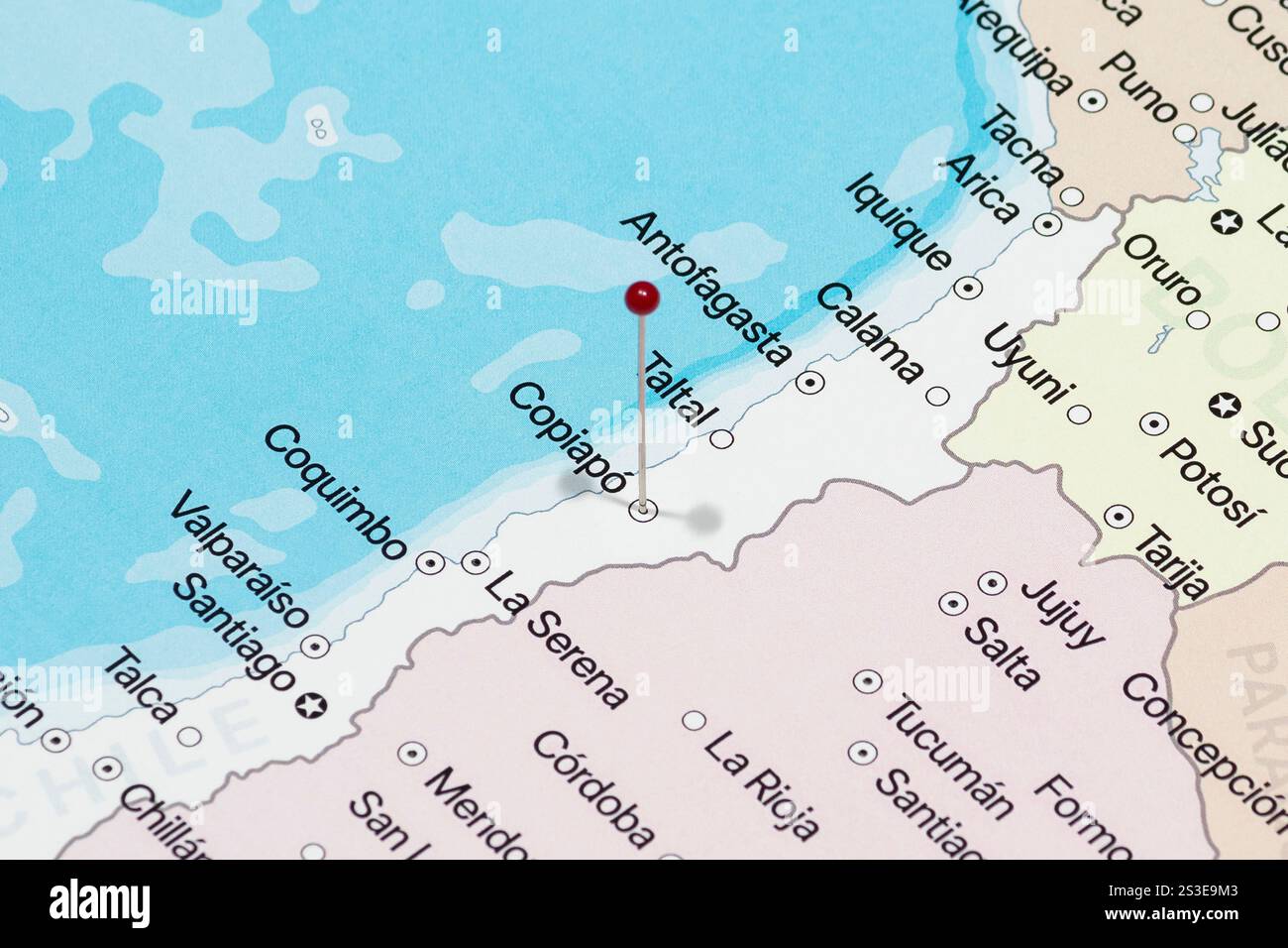 Macro photo of a red pin needle into copiapo city of chile political ...