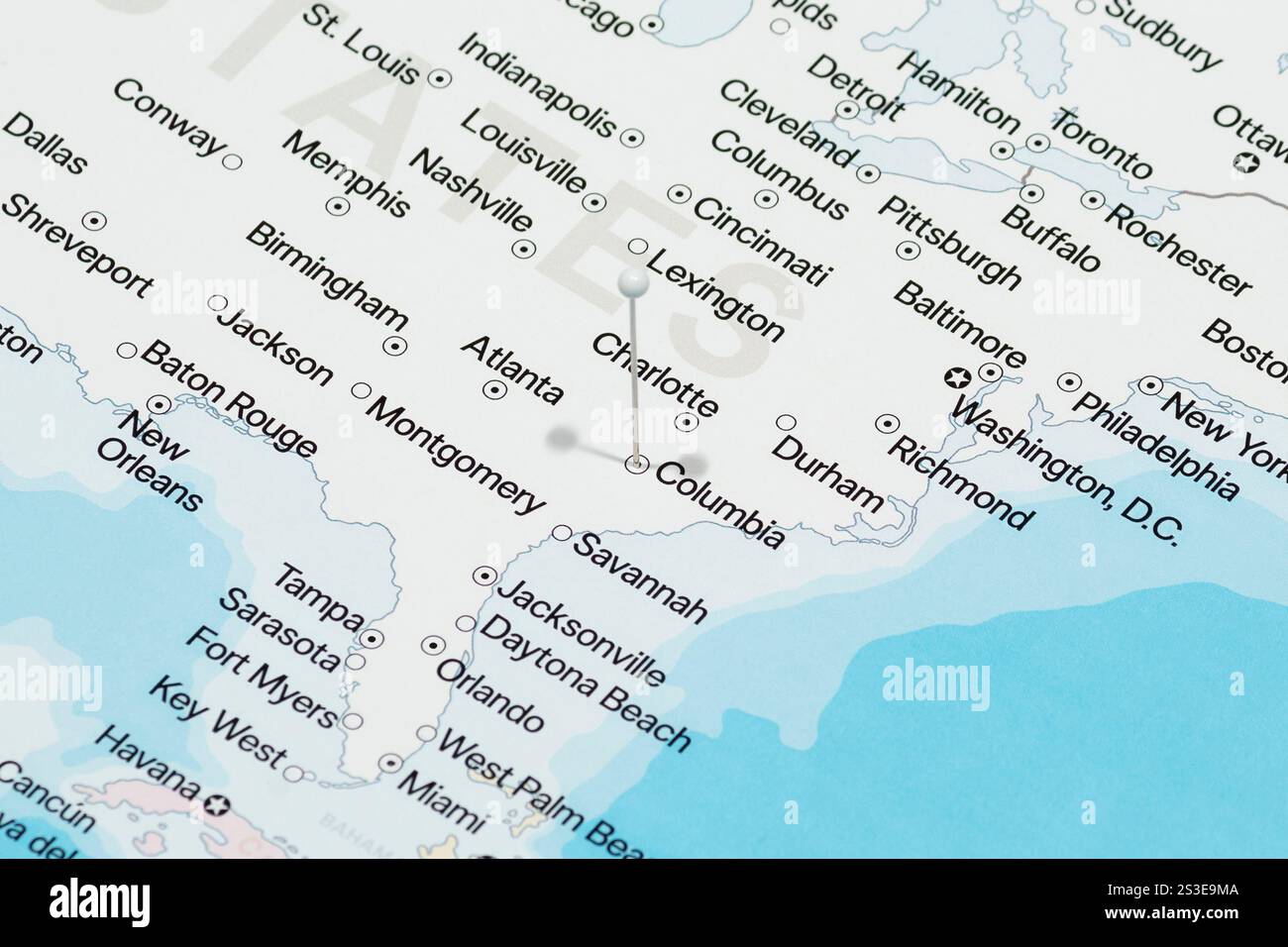 Macro photo of a white pin needle into Columbia city of United States ...