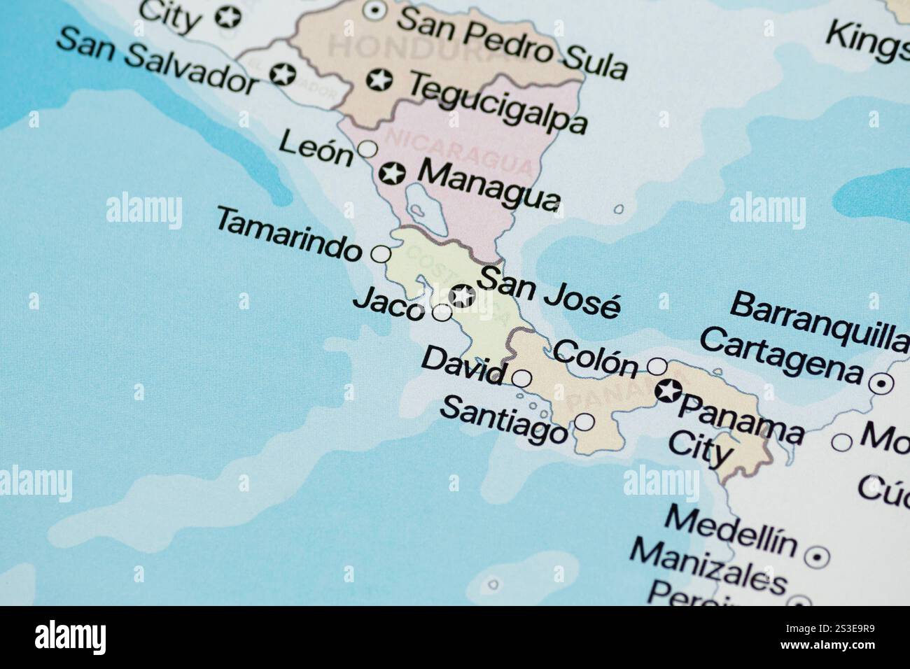 Close up to a Costa Rica political map with most important cities and ...