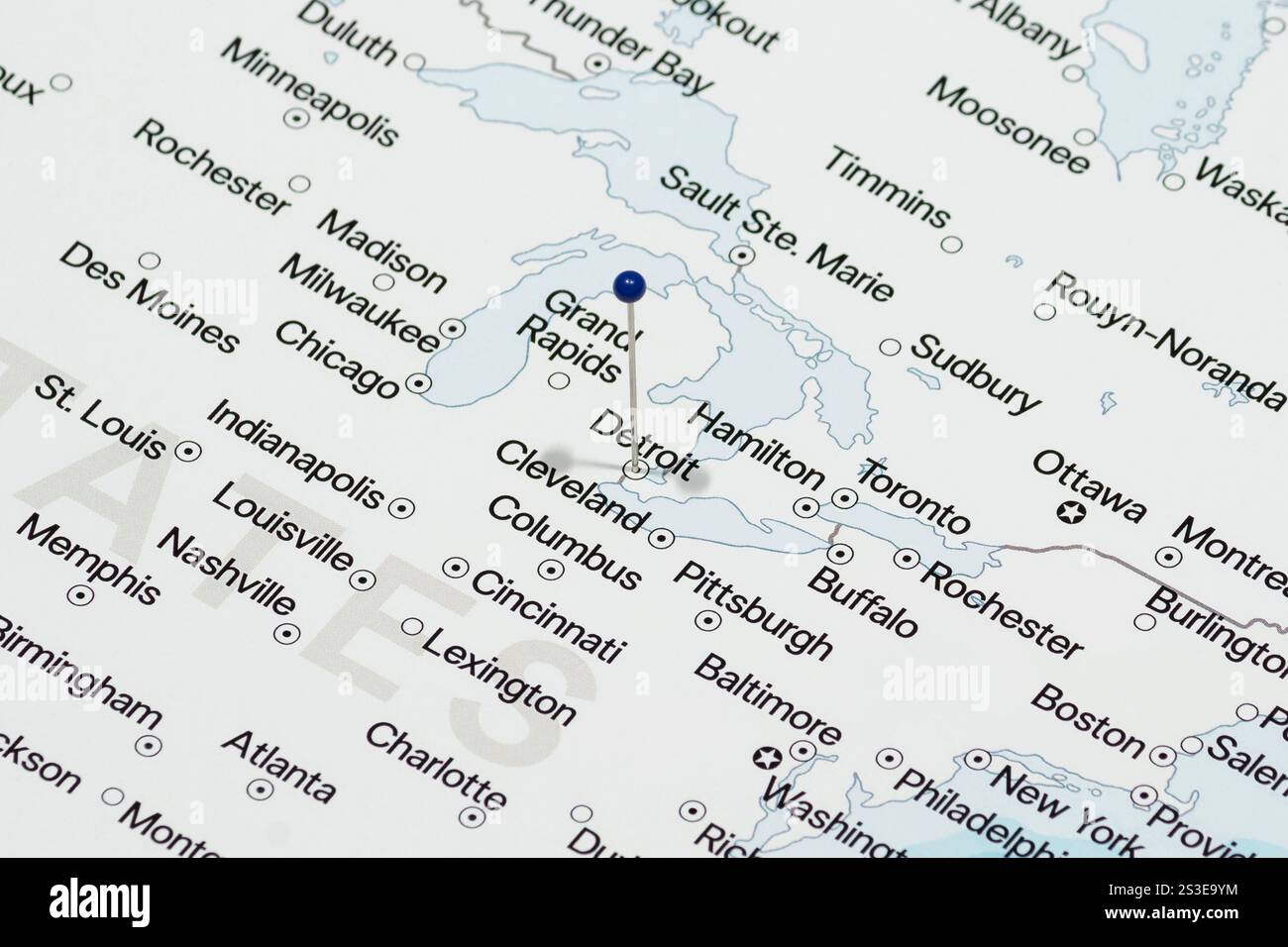 Macro photo of a blue pin needle into Detroit city of United States of ...