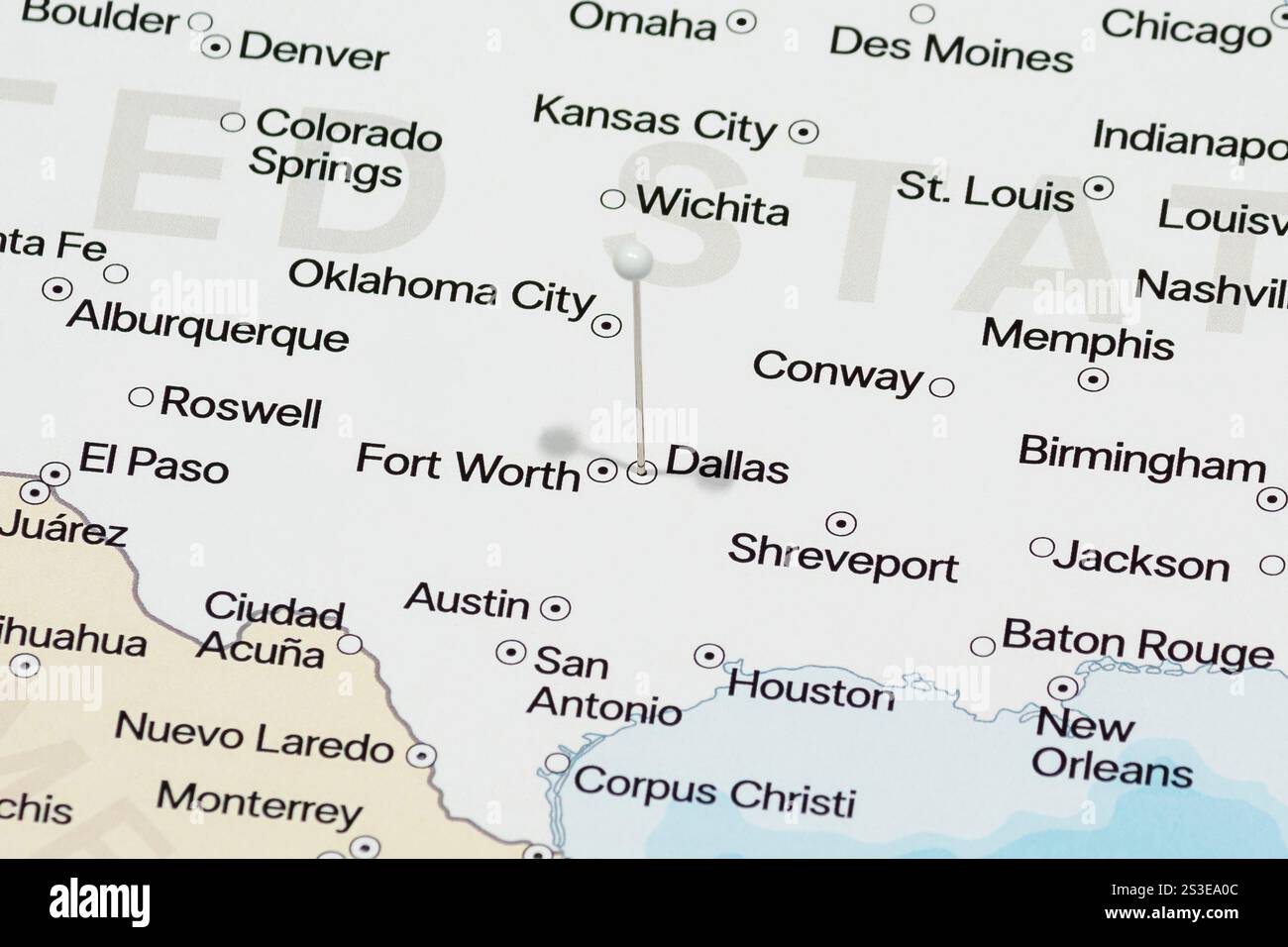 Macro photo of a white pin needle into Dallas city of United States of ...