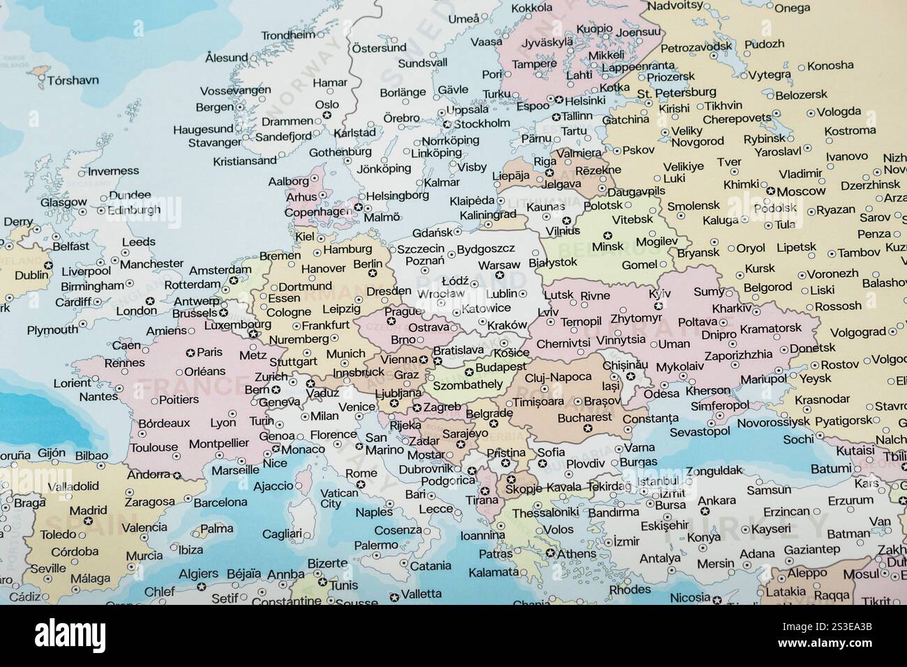 Close up to a Europe political map with most important cities and ...