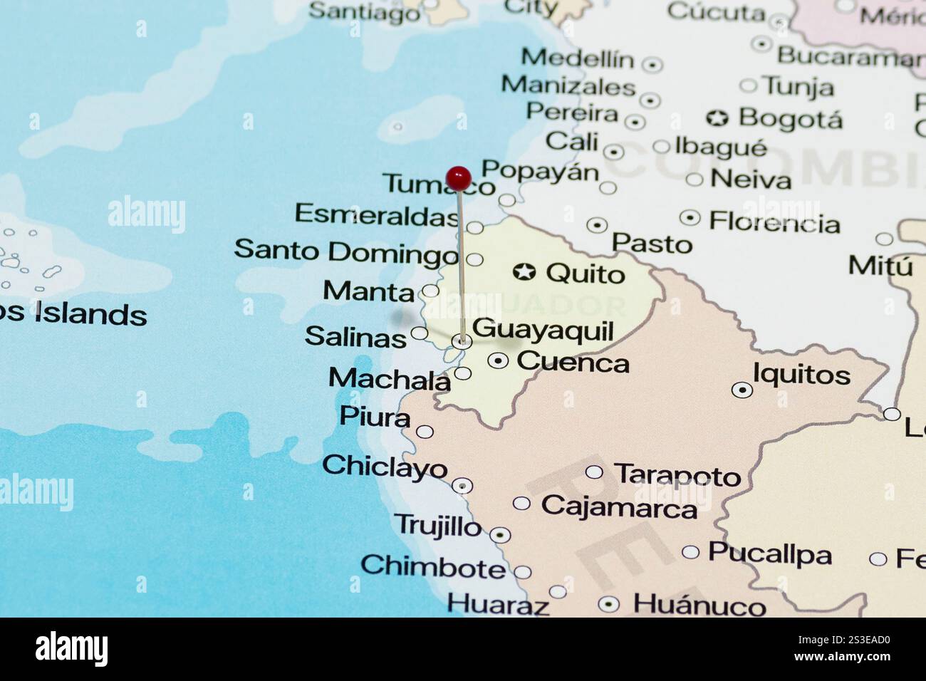 Macro photo of a red pin needle into Guayaquil city of Ecuador ...
