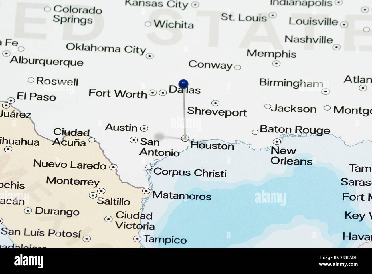 Macro photo of blue pin needle into Houston city of United States of ...