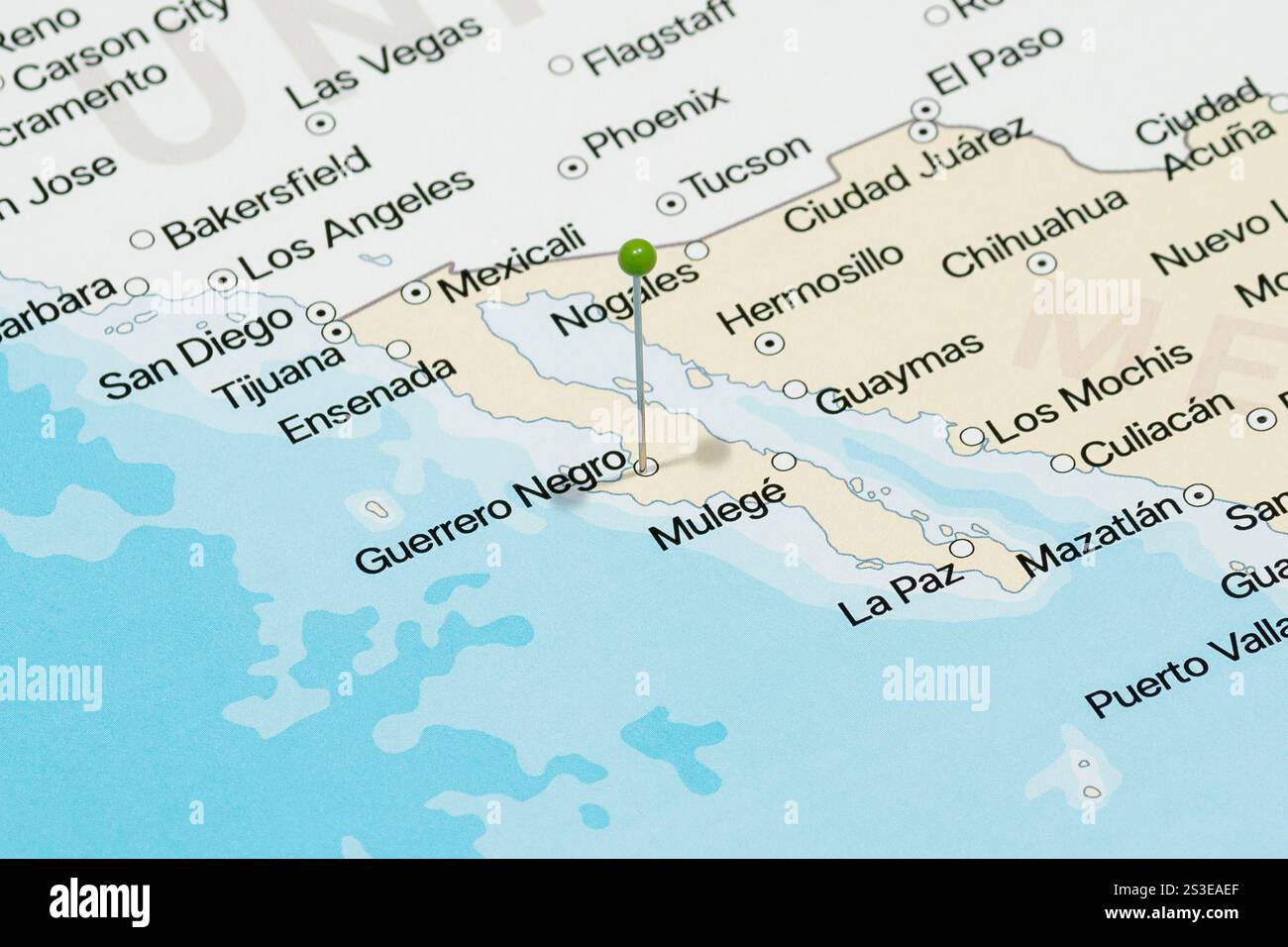 Macro photo of a green pin needle into Guerrero Negro of Mexico ...