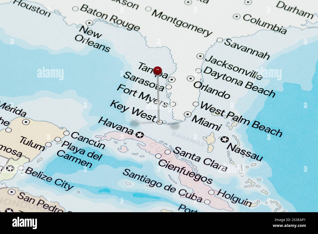 Macro photo of red pin needle into Key West city of United States of ...