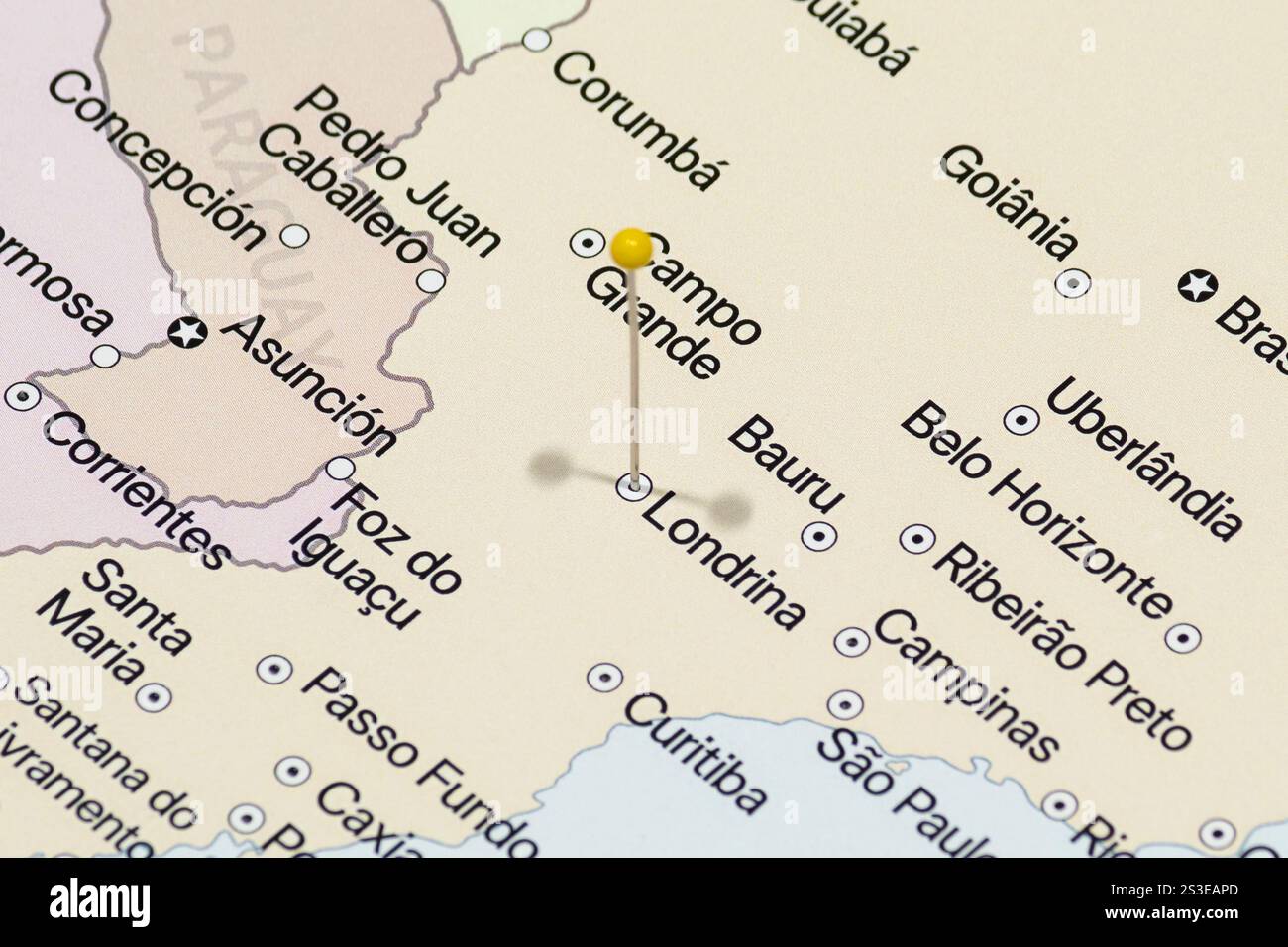 Macro photo of a yellow pin needle into Londrina city of Brazil ...