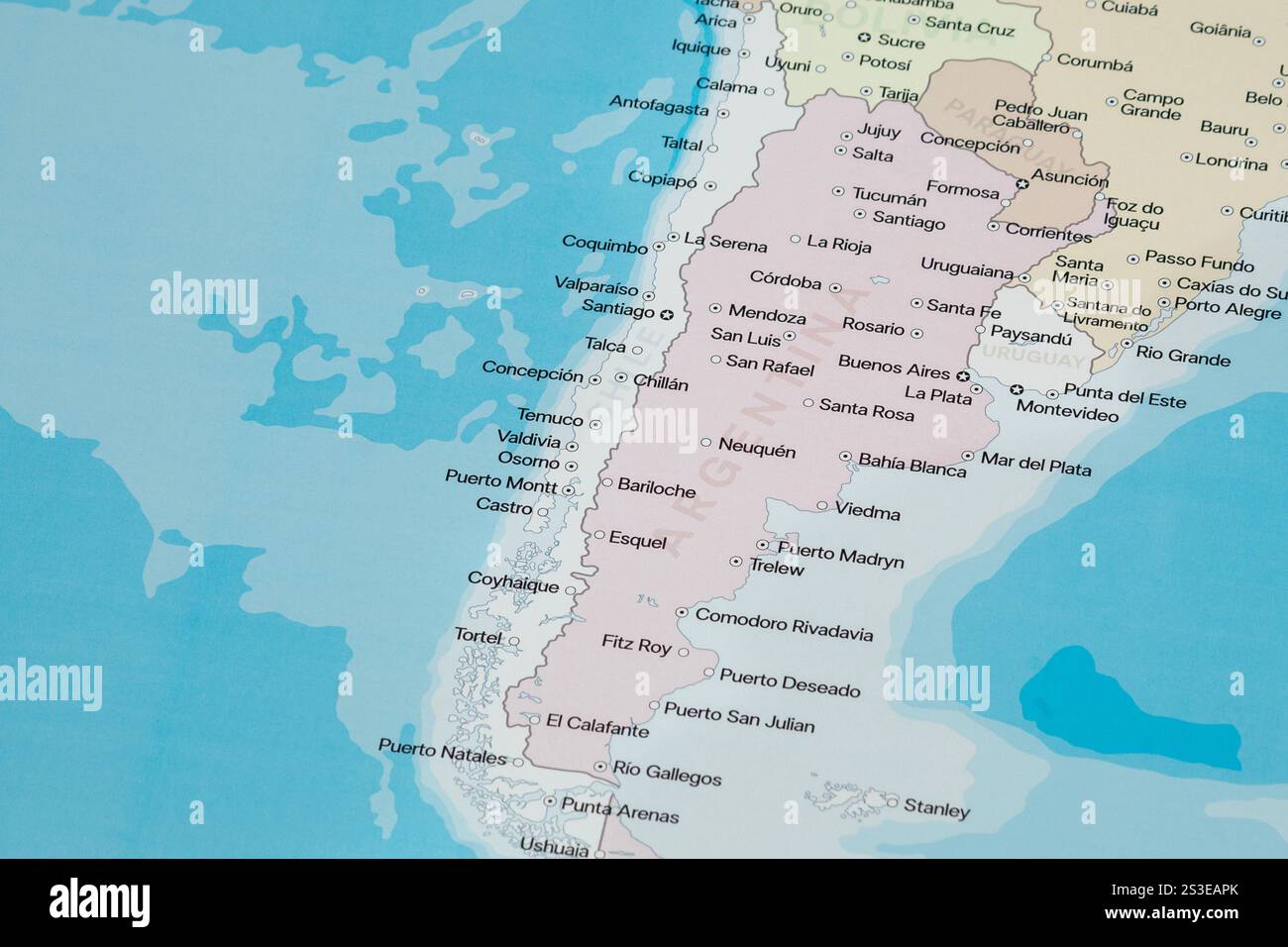 Close up to a Chile political map with most important cities and ...